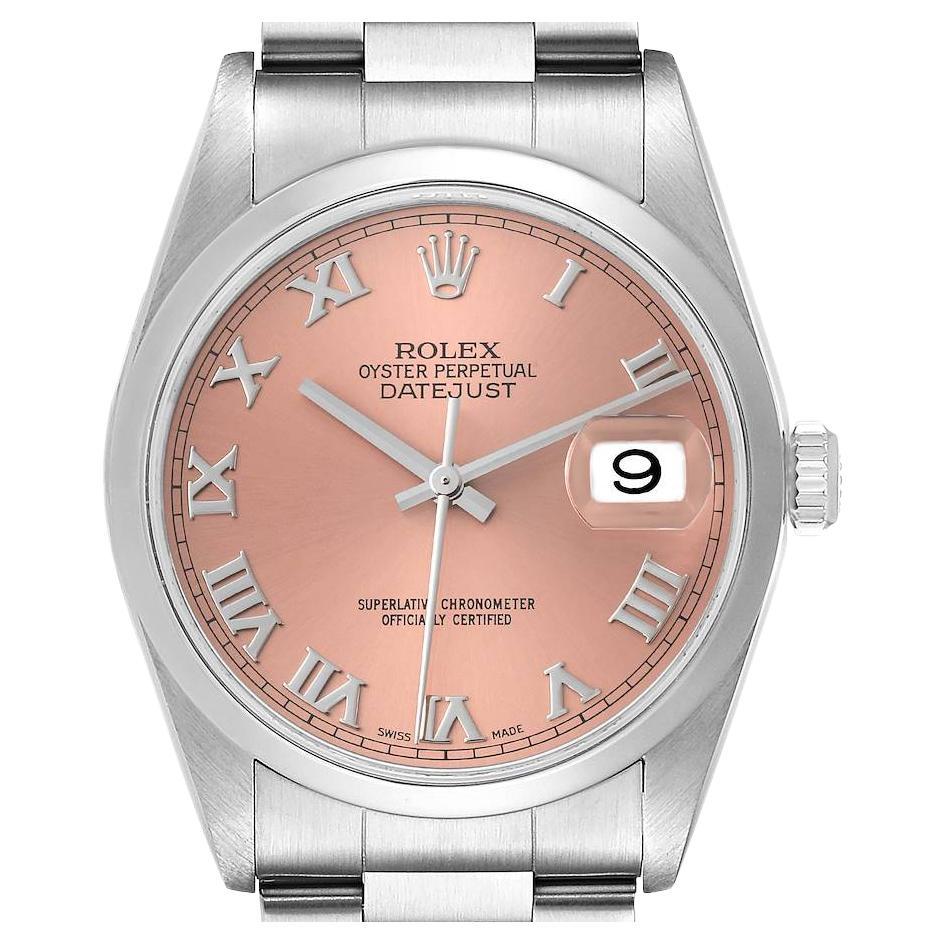 Rolex Datejust 36 Salmon Roman Dial Smooth Bezel Steel Mens Watch 16200 ...