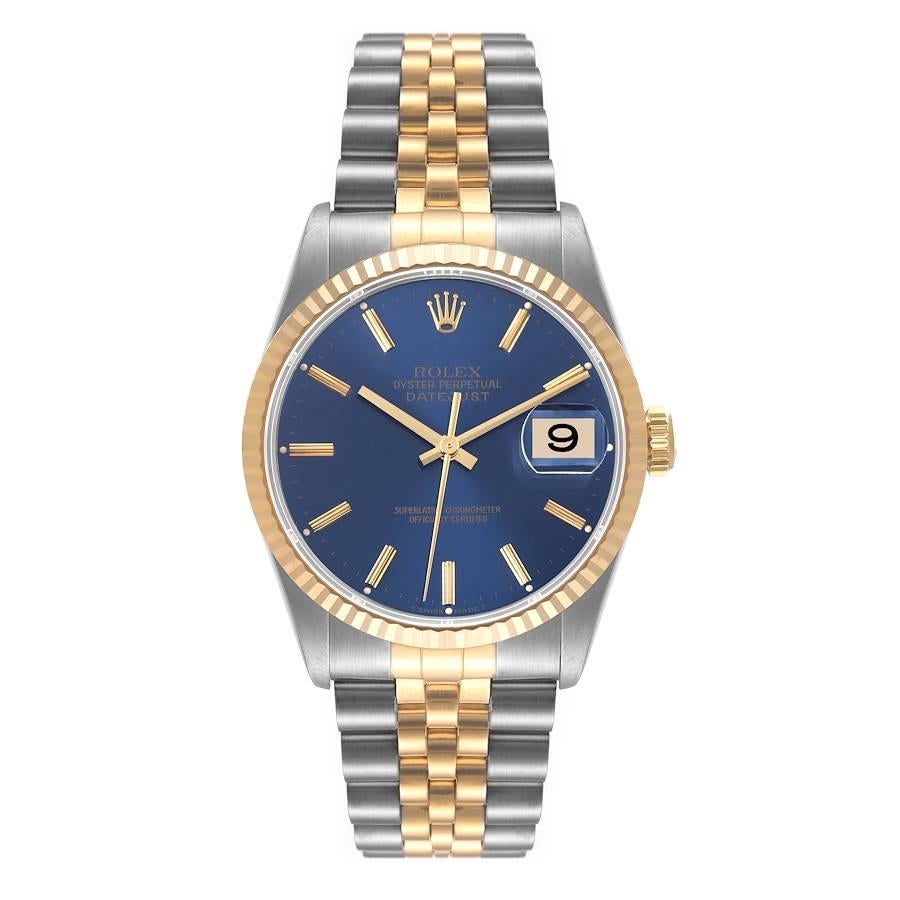 Rolex Datejust 36 Steel 18k Yellow Gold Blue Dial Mens Watch 16233 For ...