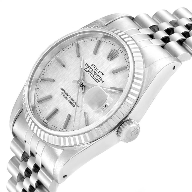Rolex Datejust 36 Steel White Gold Silver Linen Dial Men's Watch 16234 ...