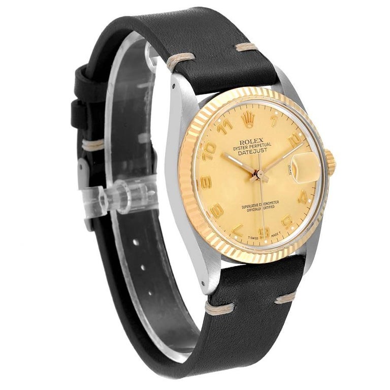 Rolex Datejust 36 Steel Yellow Gold Leather Strap Vintage Mens Watch 16013 For Sale at 1stDibs