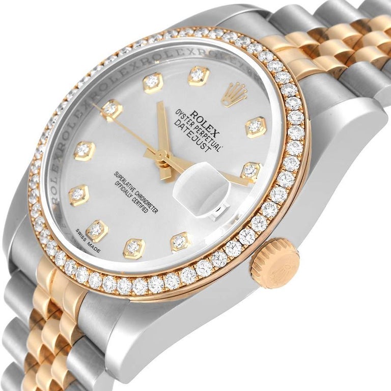 Rolex Datejust 36 Steel Yellow Gold Silver Dial Diamond Bezel Mens ...