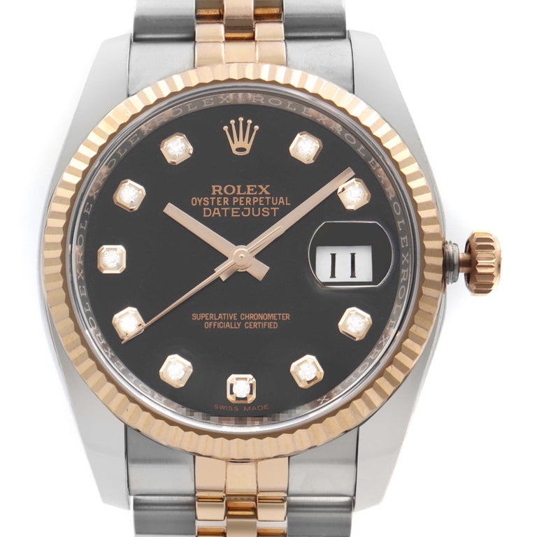 Rolex Datejust 18k Rose Gold Steel Diamond Black Dial Men's Watch ...