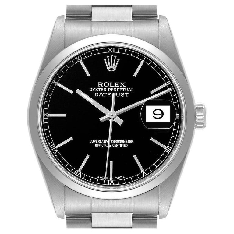 Rolex Datejust 36mm Black Dial Steel Mens Watch 16200 Box Service Card ...