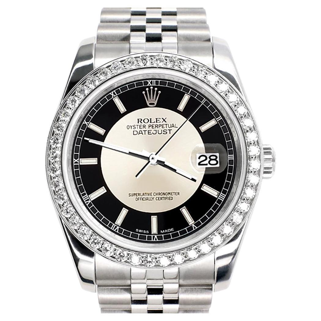 Rolex Datejust 36MM Black/Silver "Bullseye" Dial Watch with 2CT Custom ...