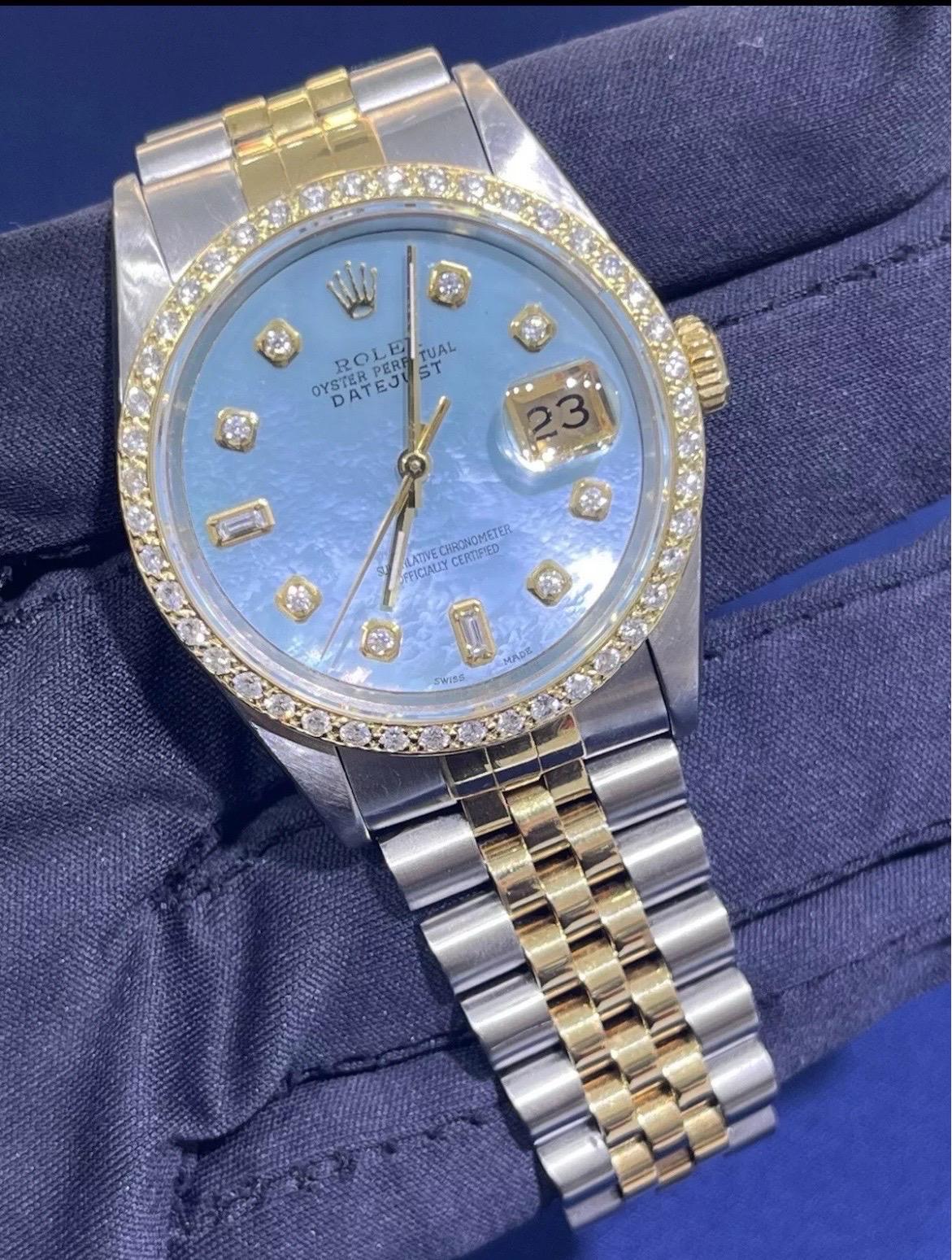 Rolex DateJust 36mm Blue MOP Diamond Bezel 18K Gold Steel Jubilee Watch ...