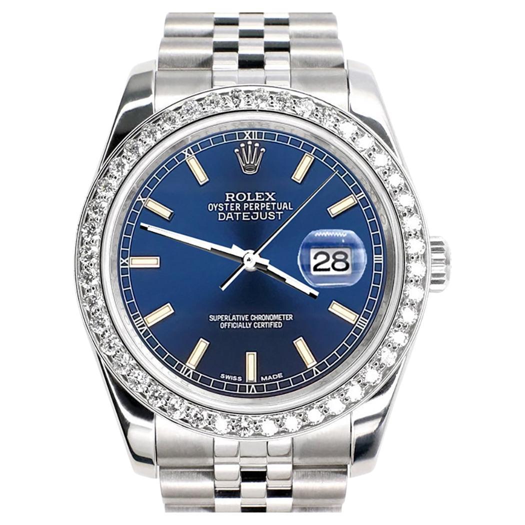 Rolex Datejust 36MM Blue Stick Dial Steel Oyster Watch with Custom ...
