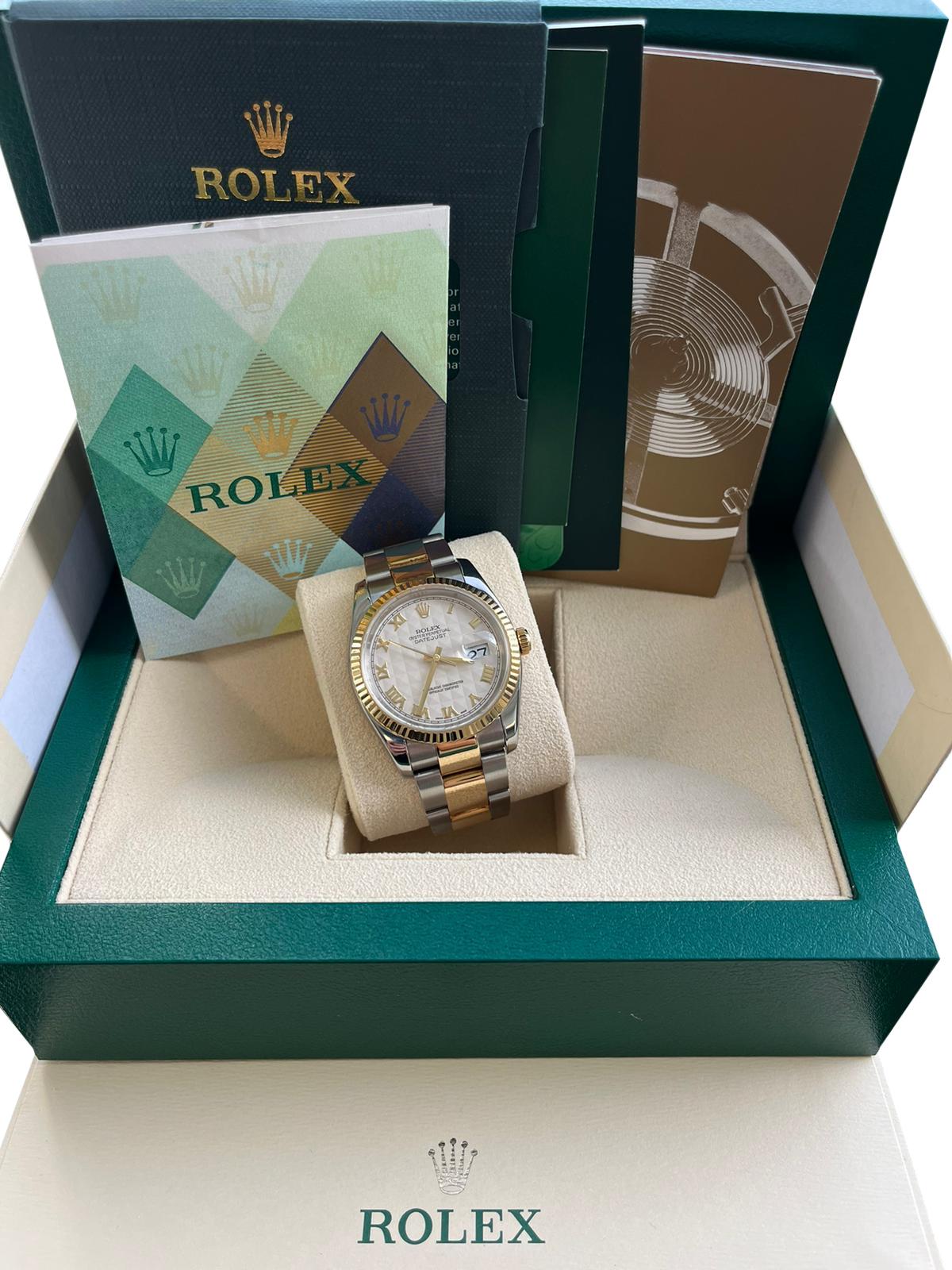 Rolex Datejust 36mm Ivory Pyramid Roman Dial 18K Yellow Gold Steel ...