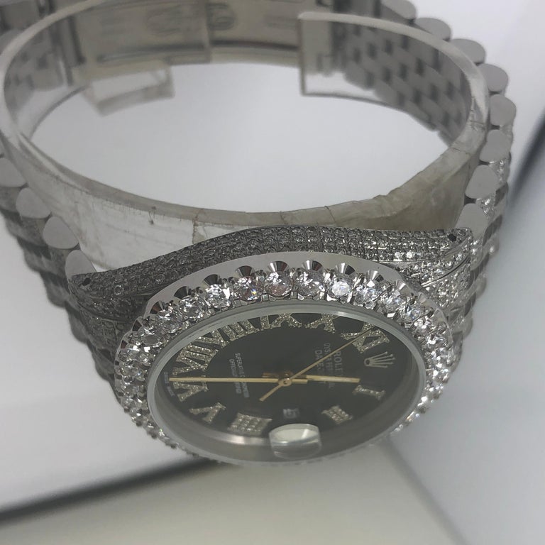 Rolex Datejust Custom Roman Black Diamond Watch VVS 10 Pointers Bezel ...