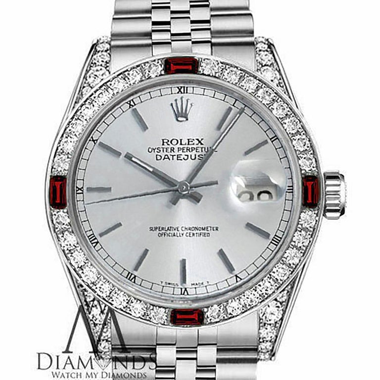Rolex Datejust Silver Dial Diamond Lugs Diamond and Ruby Bezel Steel ...