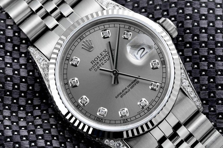 Rolex Datejust SS Grey Dial Classic + Lugs with Diamond Accent RT Watch ...