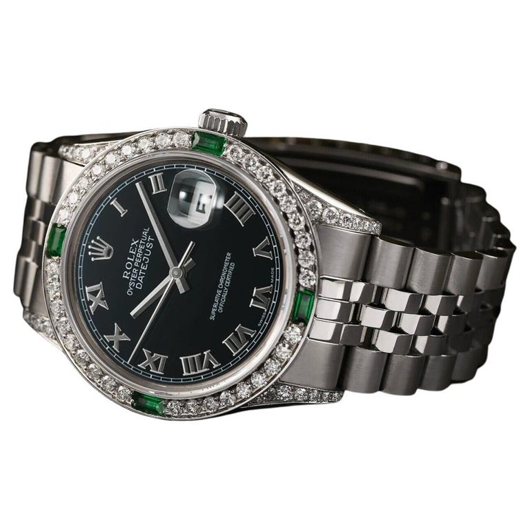 Rolex Datejust Stainless Steel Black Roman Dial w/ Diamond and Emerald ...