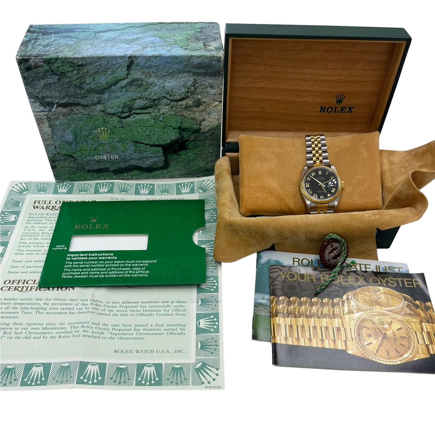 Rolex Datejust 36mm Steel Yellow Gold Black Pyramid Roman Dial Mens Watch 16233 For Sale at 1stDibs