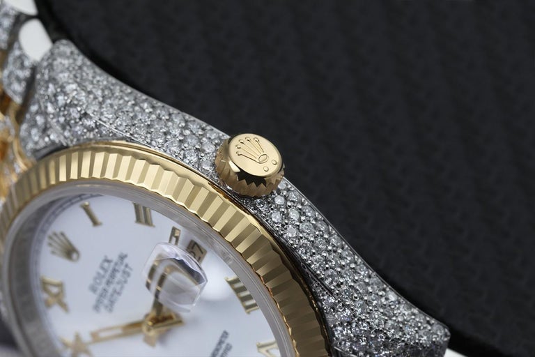 Rolex Datejust 36mm White Roman Dial Fluted Yellow Gold Bezel Iced Out ...