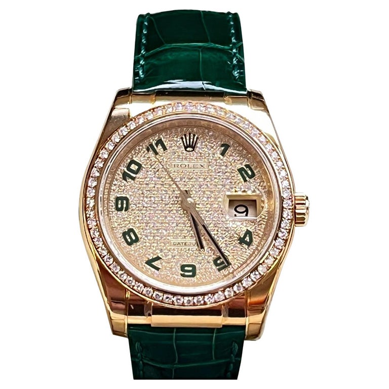 Rolex Datejust 36mm Yellow Gold Green Arabic Diamond Dial Bezel Watch ...