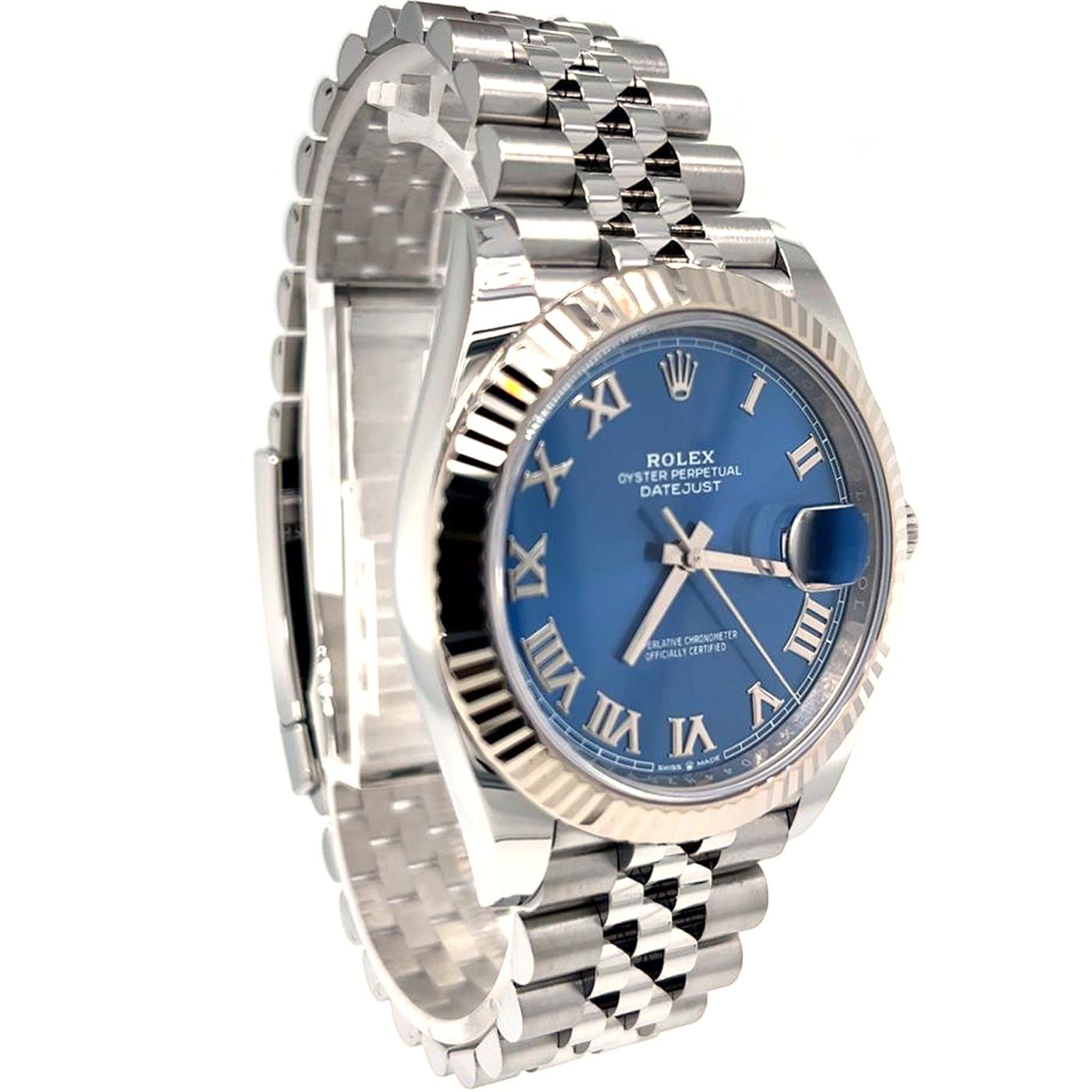 Rolex DateJust Azzurro Blue Roman Dial Fluted Bezel Jubilee Watch ...