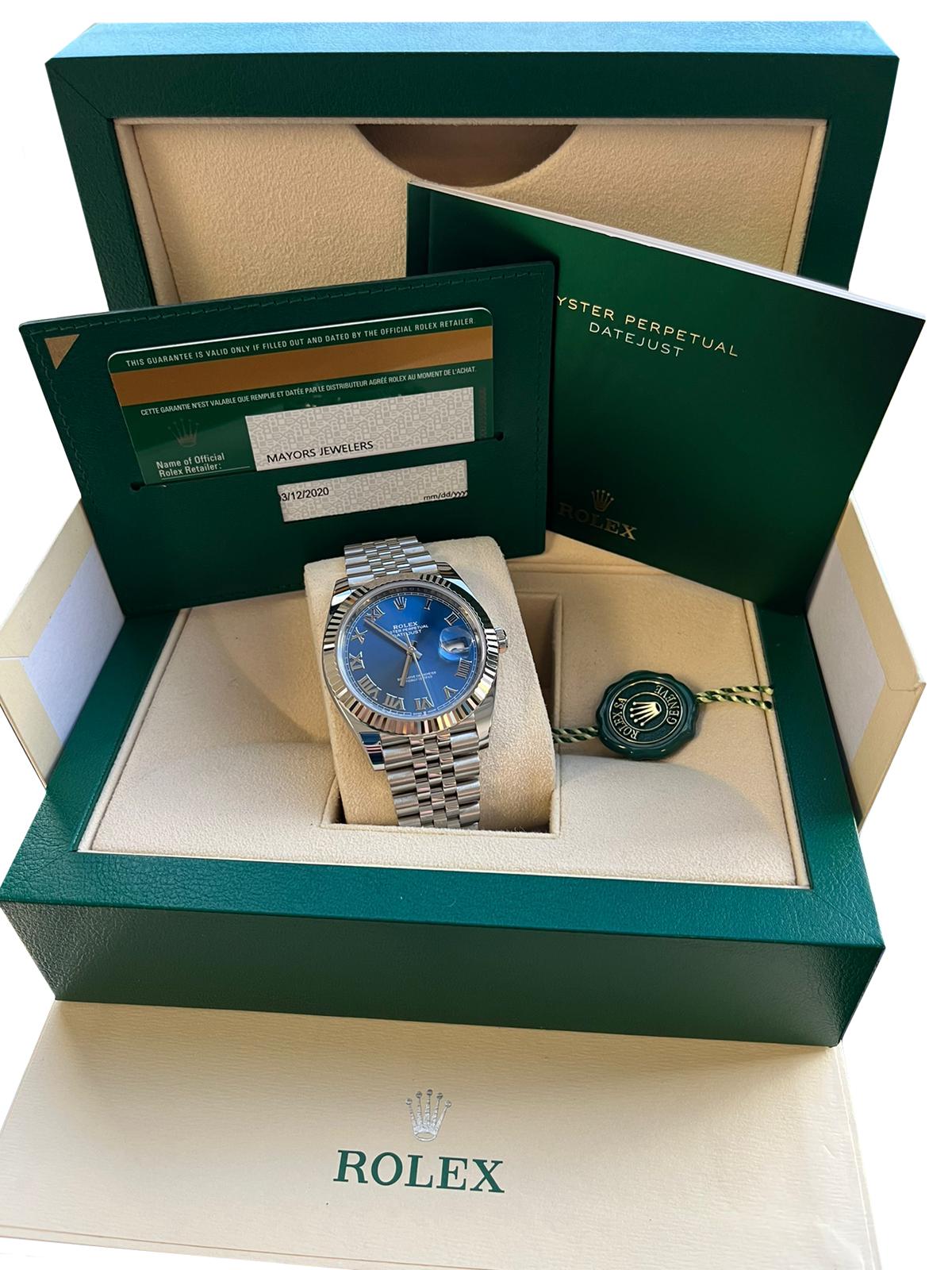 Rolex DateJust Azzurro Blue Roman Dial Fluted Bezel Jubilee Watch ...