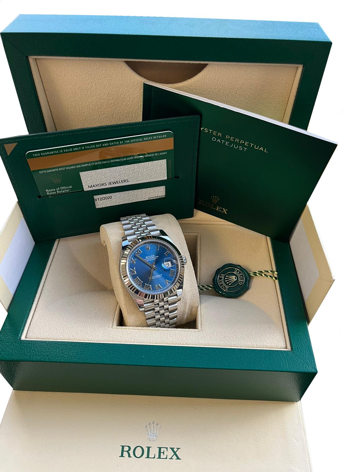 Rolex DateJust Azzurro Blue Roman Dial Fluted Bezel Jubilee Watch ...