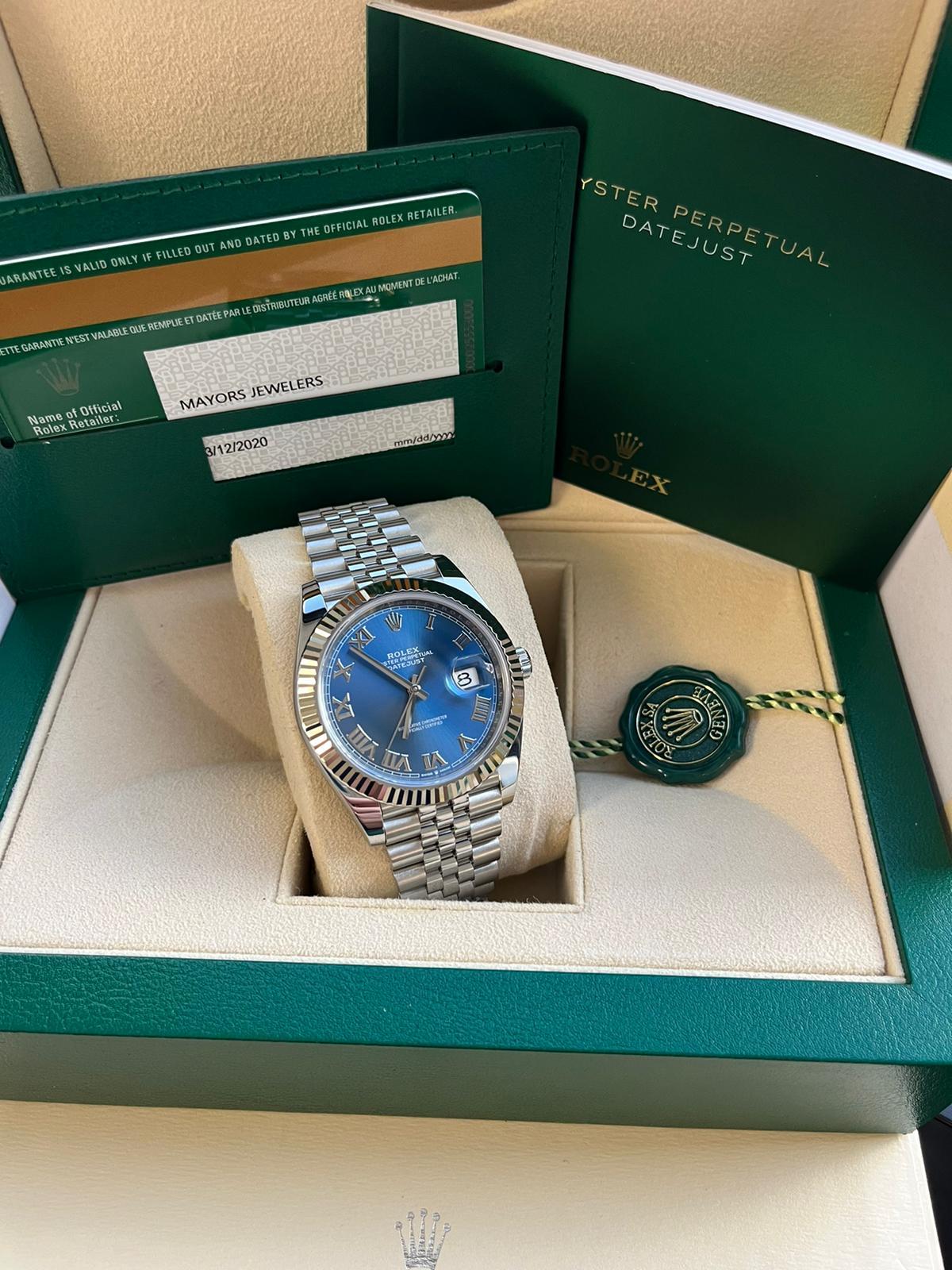 Rolex DateJust Azzurro Blue Roman Dial Fluted Bezel Jubilee Watch ...