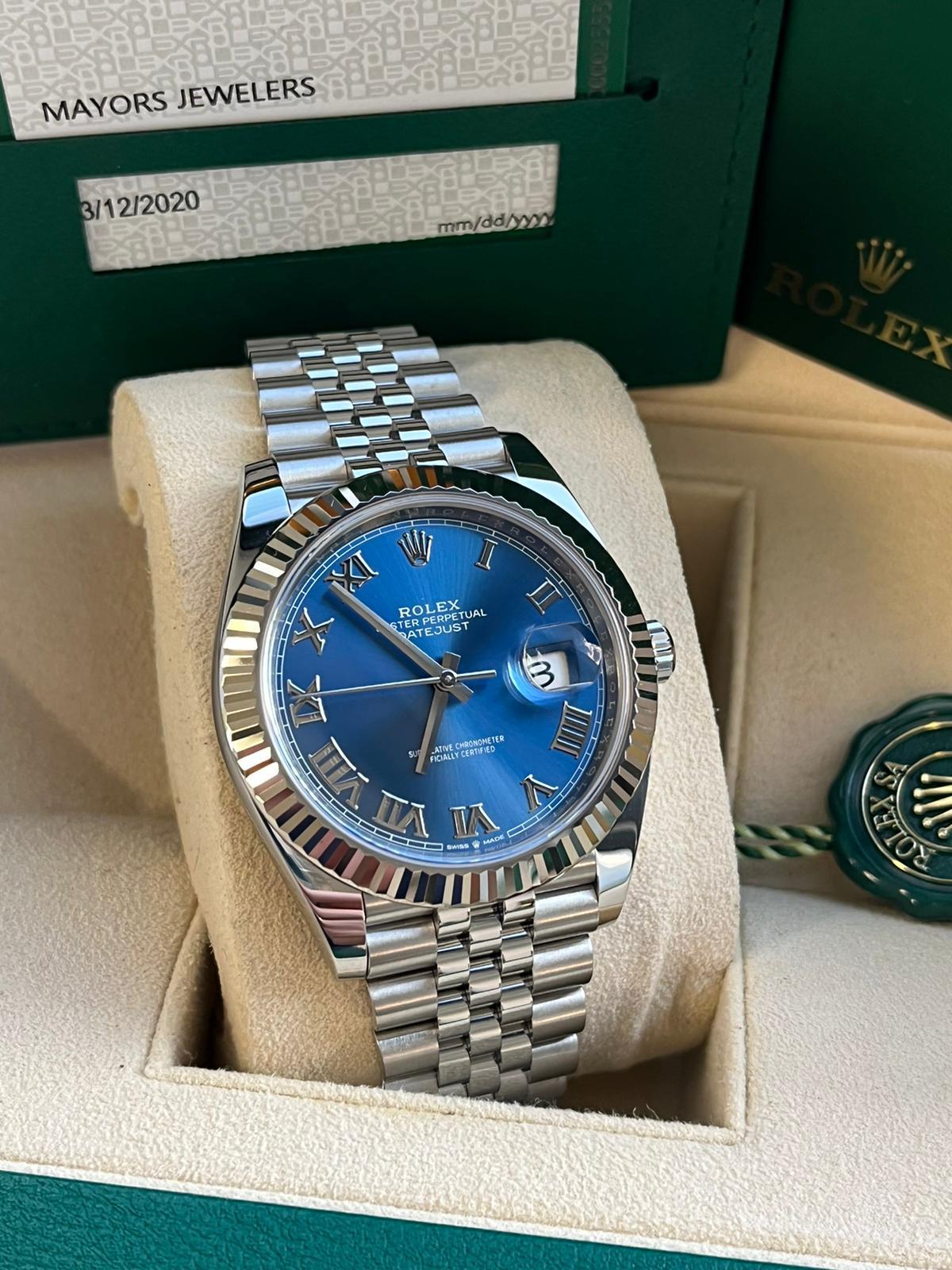 Rolex DateJust Azzurro Blue Roman Dial Fluted Bezel Jubilee Watch ...