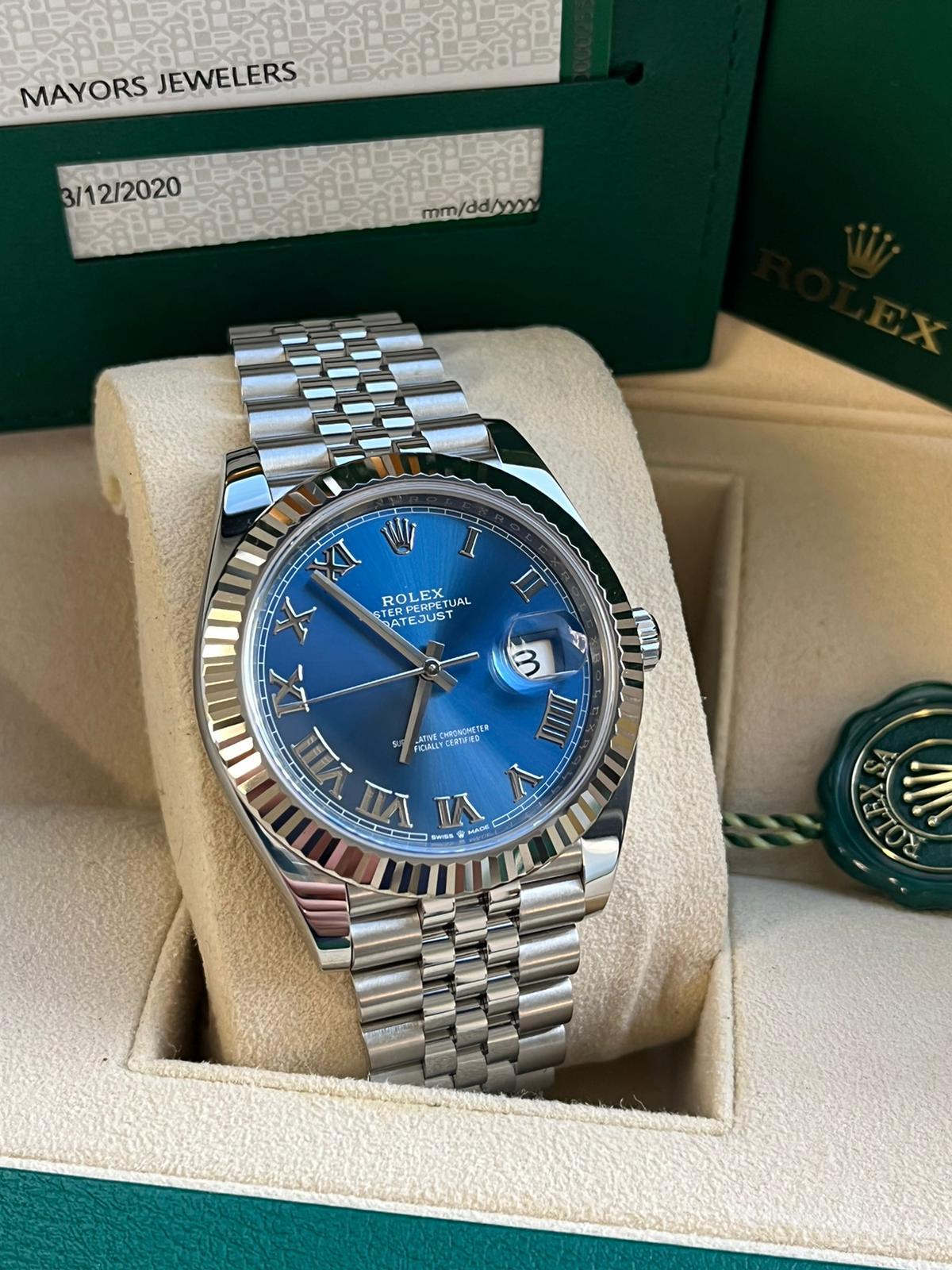 Rolex DateJust Azzurro Blue Roman Dial Fluted Bezel Jubilee Watch ...