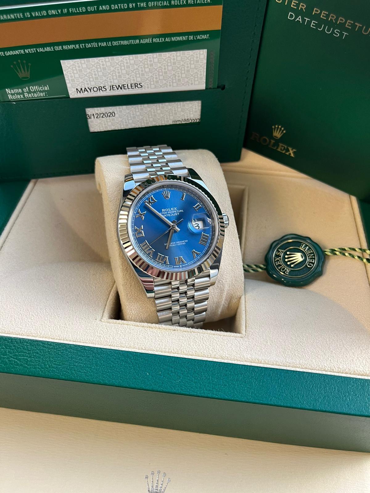 Rolex DateJust Azzurro Blue Roman Dial Fluted Bezel Jubilee Watch ...
