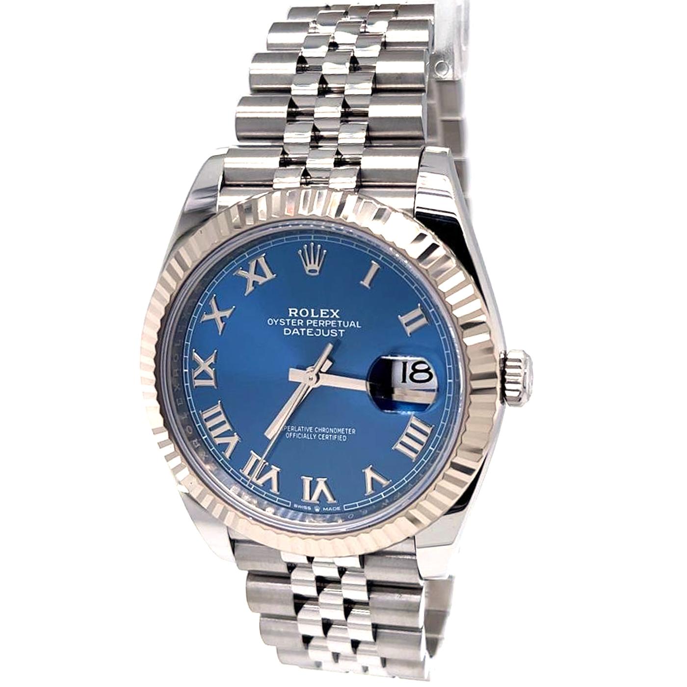 Rolex DateJust Azzurro Blue Roman Dial Fluted Bezel Jubilee Watch ...