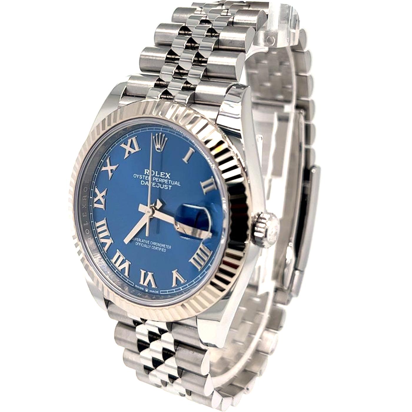 Rolex DateJust Azzurro Blue Roman Dial Fluted Bezel Jubilee Watch ...