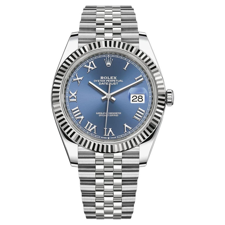Rolex DateJust Azzurro Blue Roman Dial Fluted Bezel Jubilee Watch ...