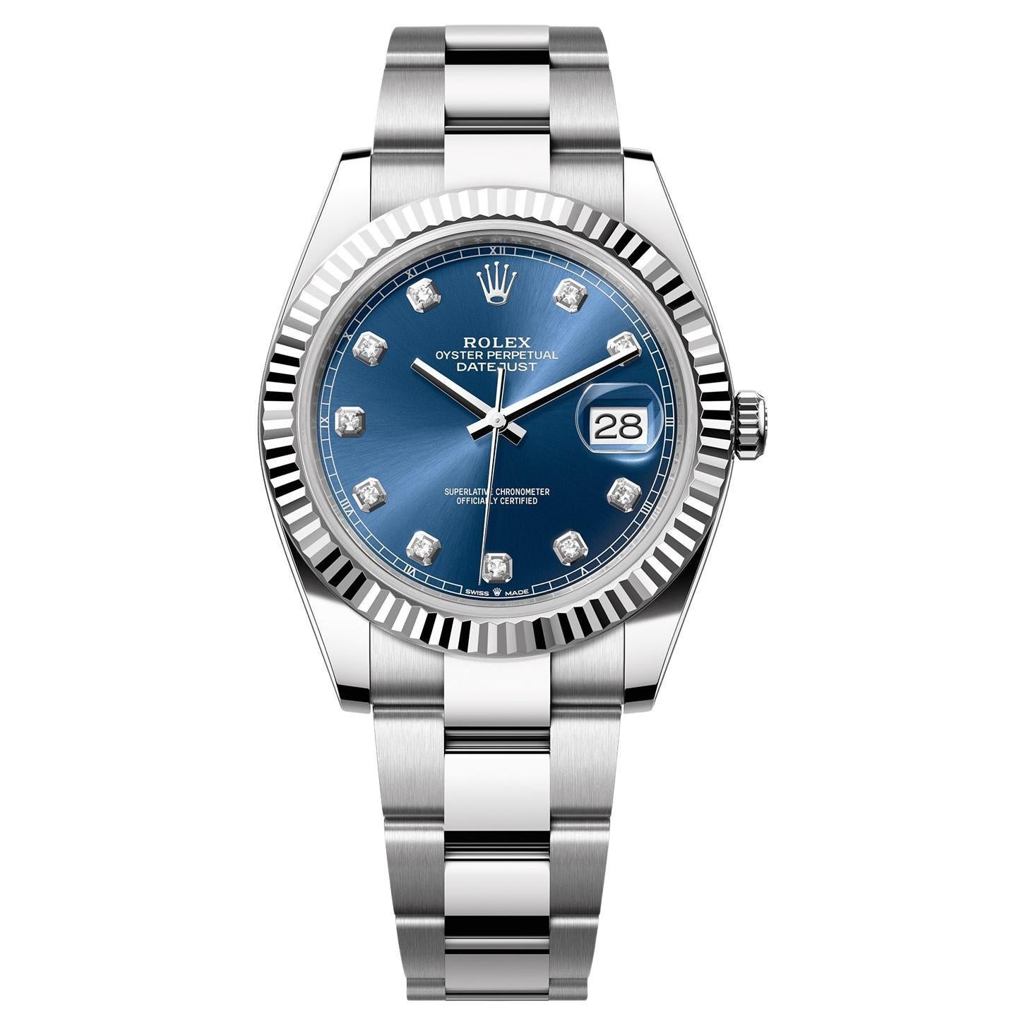 Rolex Datejust 41mm Blue Diamond Dial White Gold Steel Oyster Men's ...