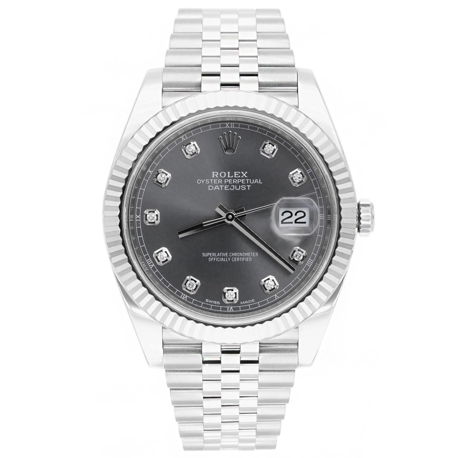 Rolex Datejust 41mm Jubilee Stainless Steel Watch Rhodium Diamond Dial ...