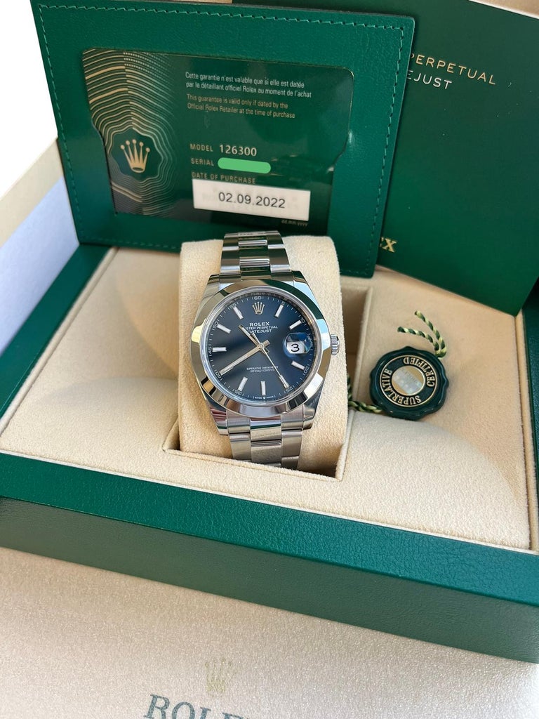 Rolex Datejust Steel Smooth Bezel Blue Index Dial Oyster Watch 126300 ...