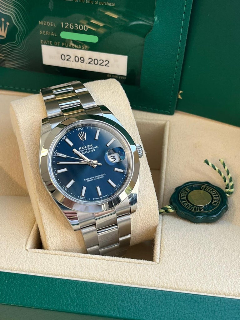 Rolex Datejust Steel Smooth Bezel Blue Index Dial Oyster Watch 126300 ...