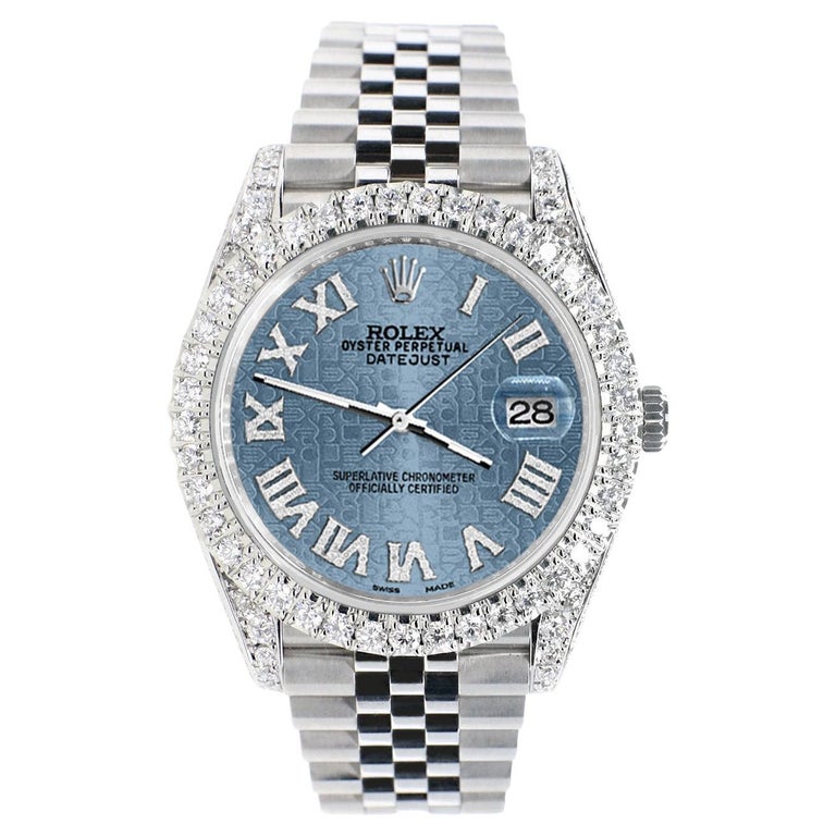 Rolex Datejust 5.9ct Bezel/Lugs/Sides/Ice Blue Roman Dial Watch Box ...