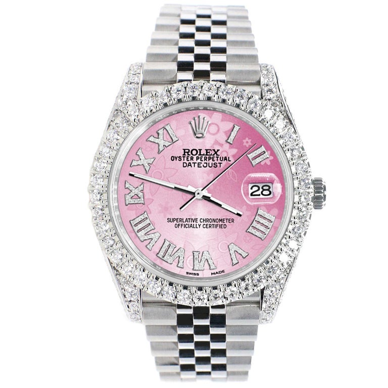 Rolex Datejust 5.9ct Bezel/Lugs/Sides/Pink Flower Roman Dial Watch Box ...