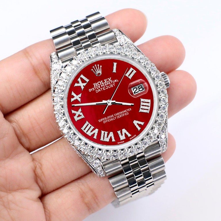 Rolex Datejust 5.9ct Bezel/Lugs/Sides/Red MOP Roman Dial Watch Box ...