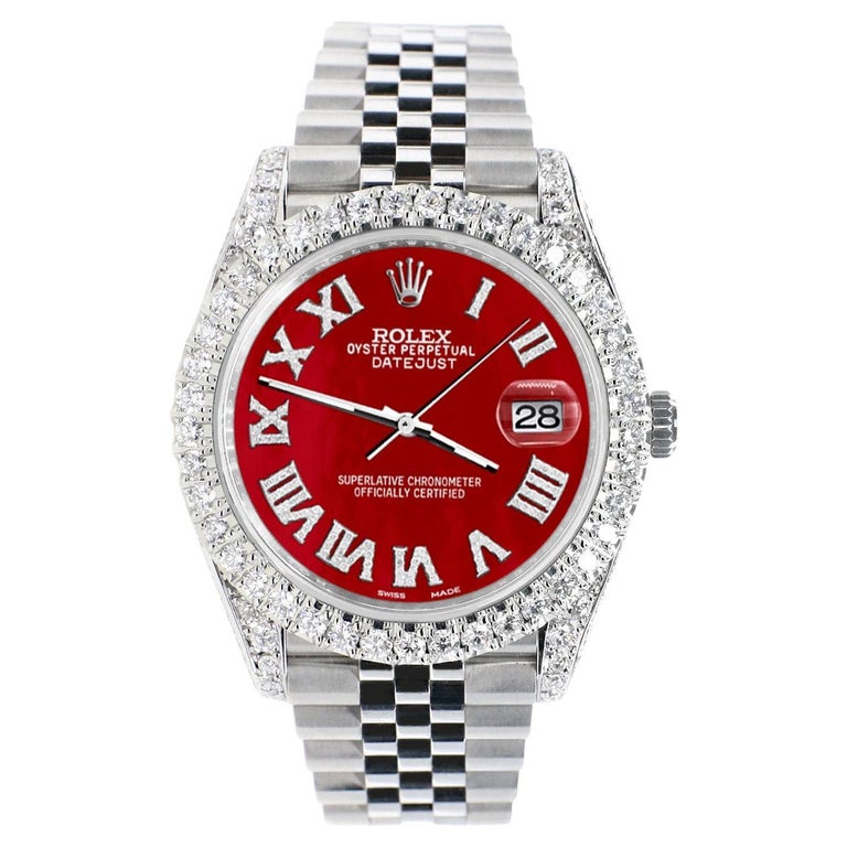 Rolex Datejust 5.9ct Bezel/Lugs/Sides/Red MOP Roman Dial Watch Box ...