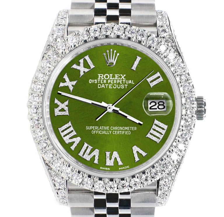 Rolex Datejust 5.9ct Bezel/Lugs/Sides/Royal Green Roman Dial Watch Box ...