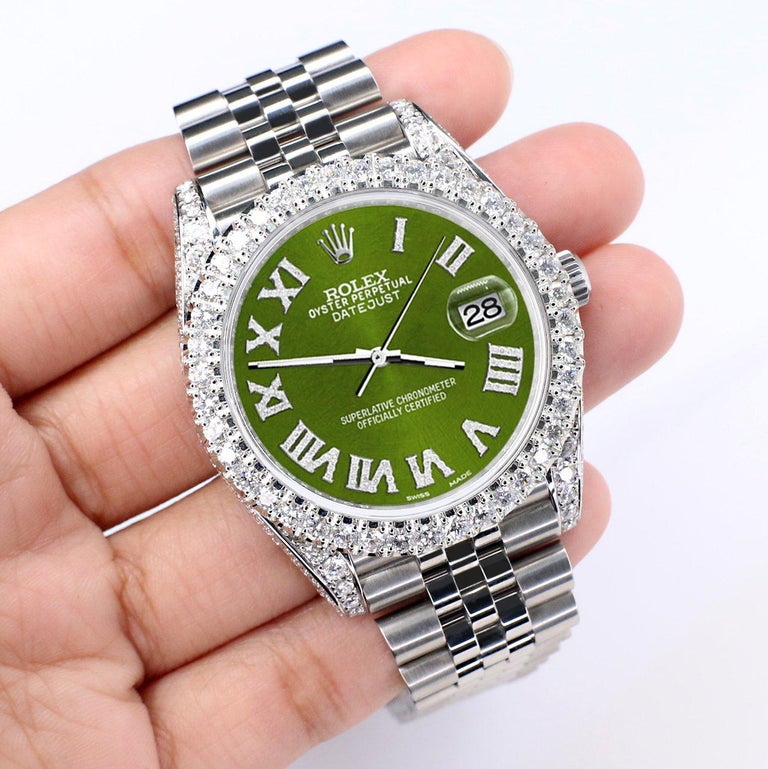 Rolex Datejust 5.9ct Bezel/Lugs/Sides/Royal Green Roman Dial Watch Box ...