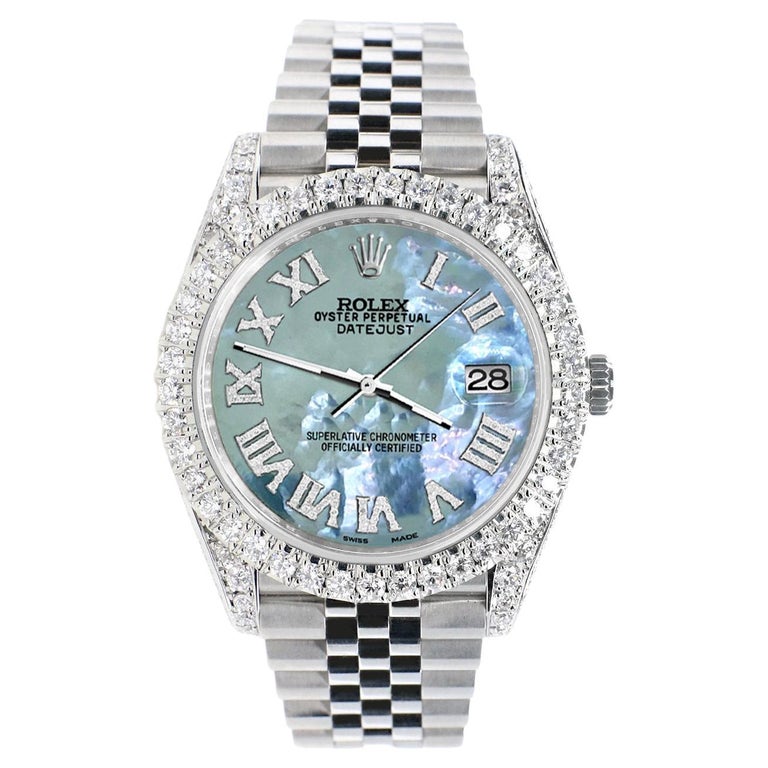 Rolex Datejust 5.9ct Bezel/Lugs/Sides/Tahitian Blue MOP Dial Watch Box ...