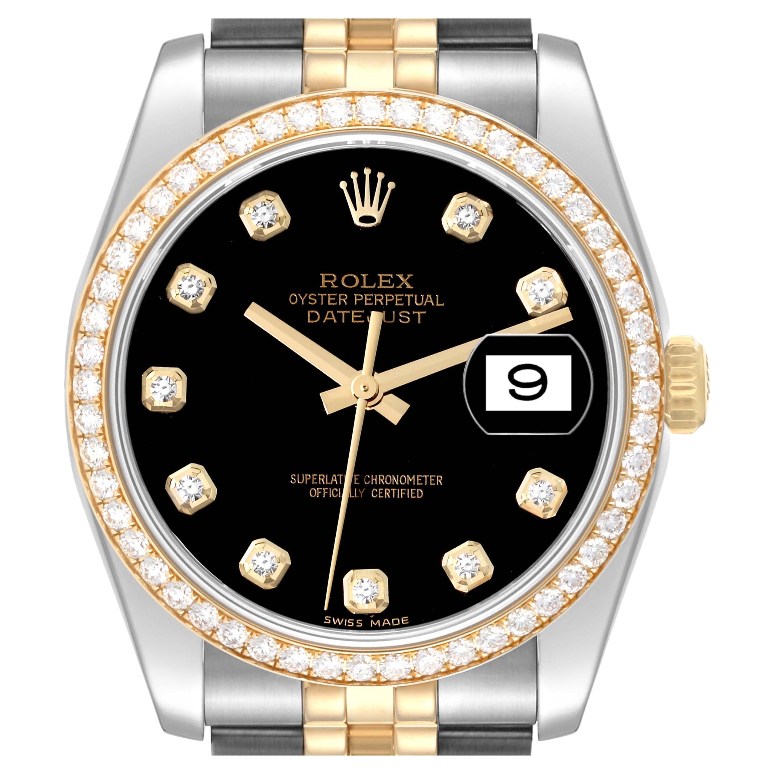 Rolex Datejust Black Dial Steel Yellow Gold Diamond Mens Watch 116243 ...
