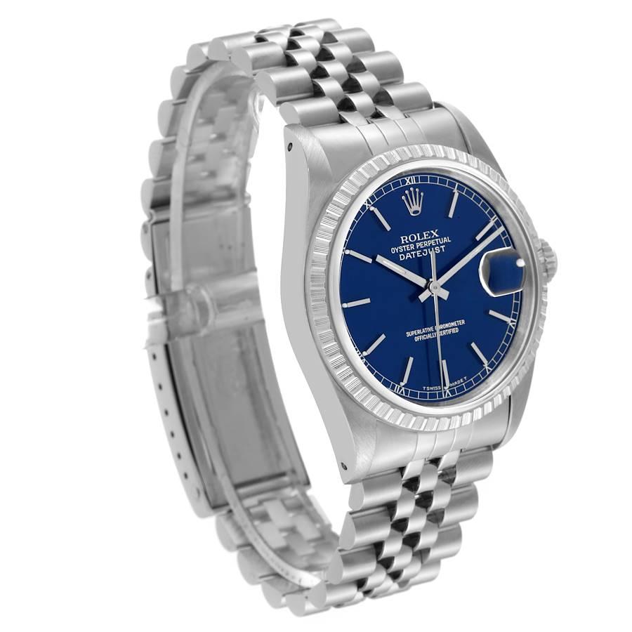 Rolex Datejust Blue Dial Engine Turned Bezel Steel Mens Watch 16220 For ...