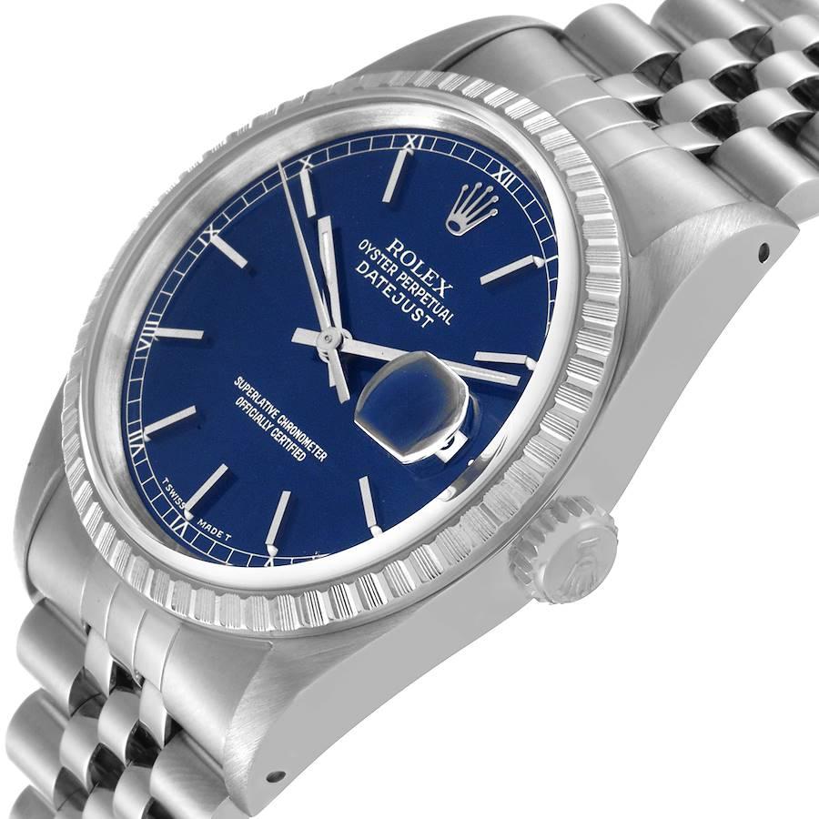 Rolex Datejust Blue Dial Engine Turned Bezel Steel Mens Watch 16220 For ...