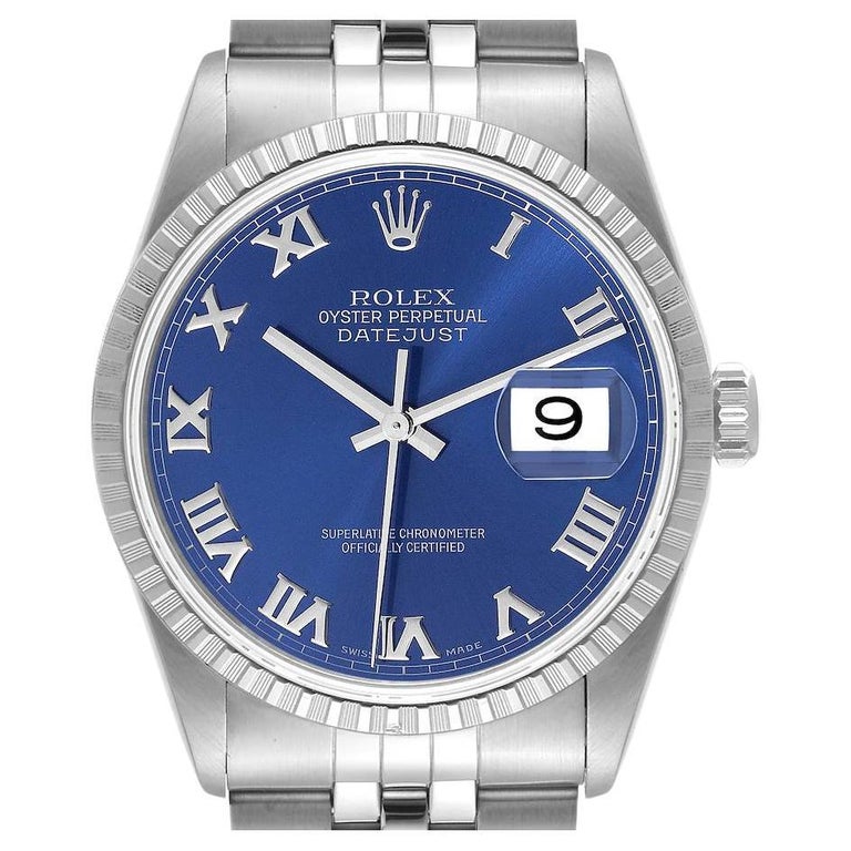 Rolex Datejust Blue Dial Engine Turned Bezel Steel Mens Watch 16220 For ...