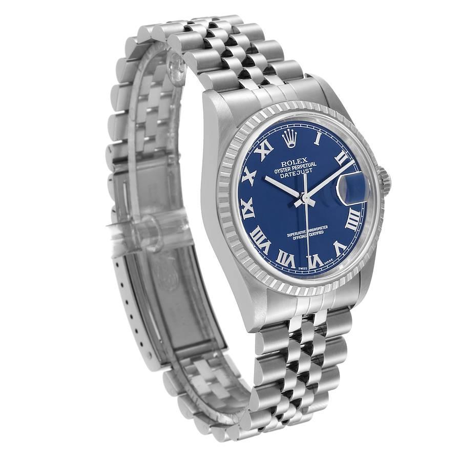 Rolex Datejust Blue Dial Engine Turned Bezel Steel Mens Watch 16220 ...