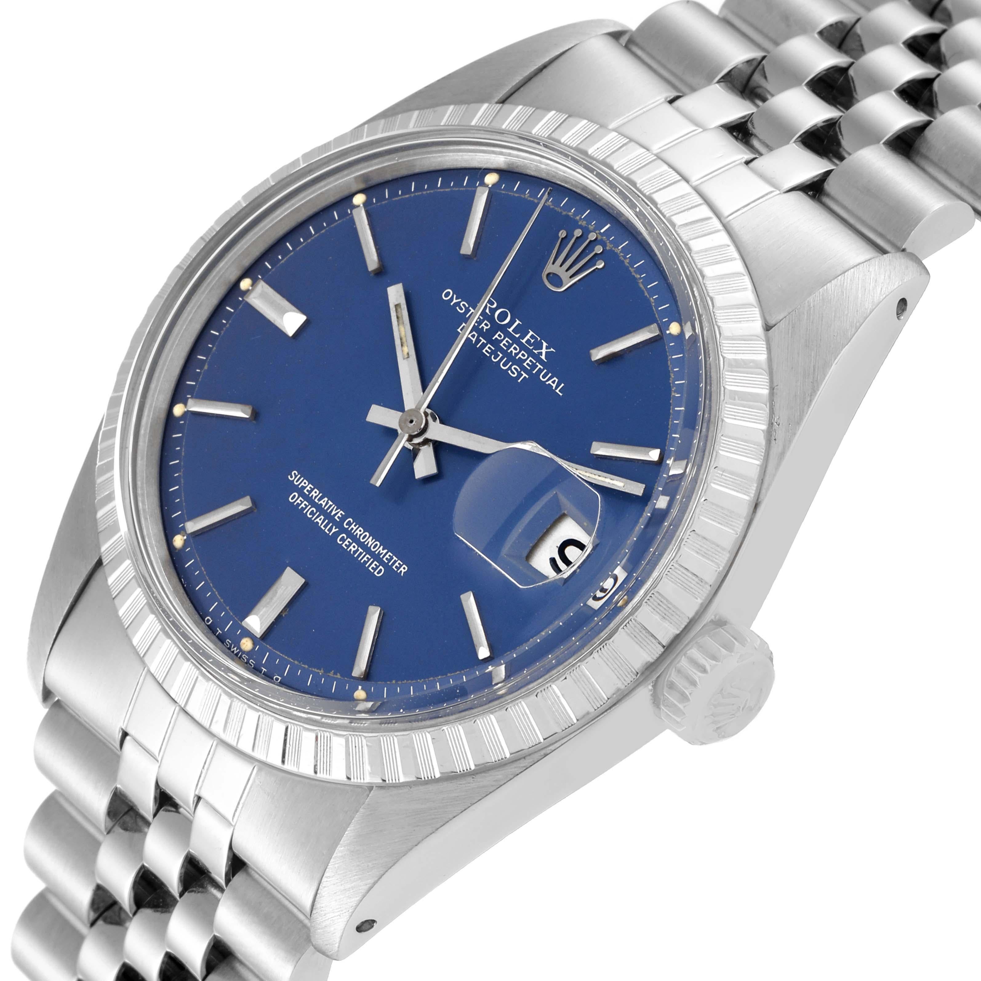 Rolex Datejust Blue Dial Engine Turned Bezel Vintage Steel Mens Watch ...