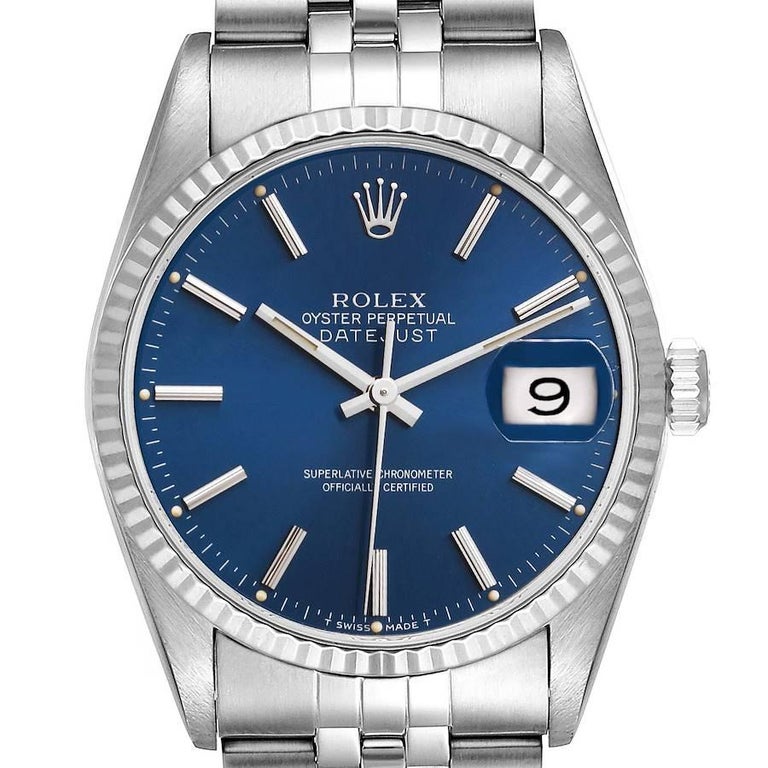 Rolex Datejust Blue Dial Steel White Gold Mens Watch 16234 at 1stDibs