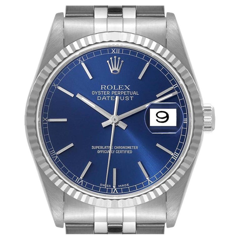 Rolex Datejust Blue Dial Steel White Gold Mens Watch 16234 For Sale at ...