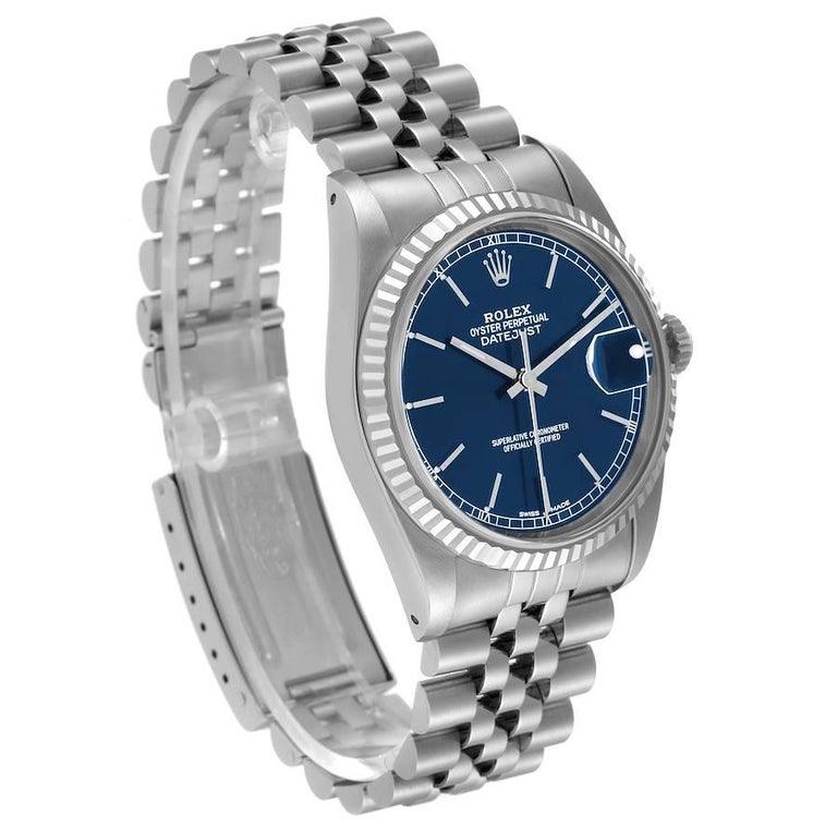 Rolex Datejust Blue Dial Steel White Gold Watch 16234 Box Service Card ...