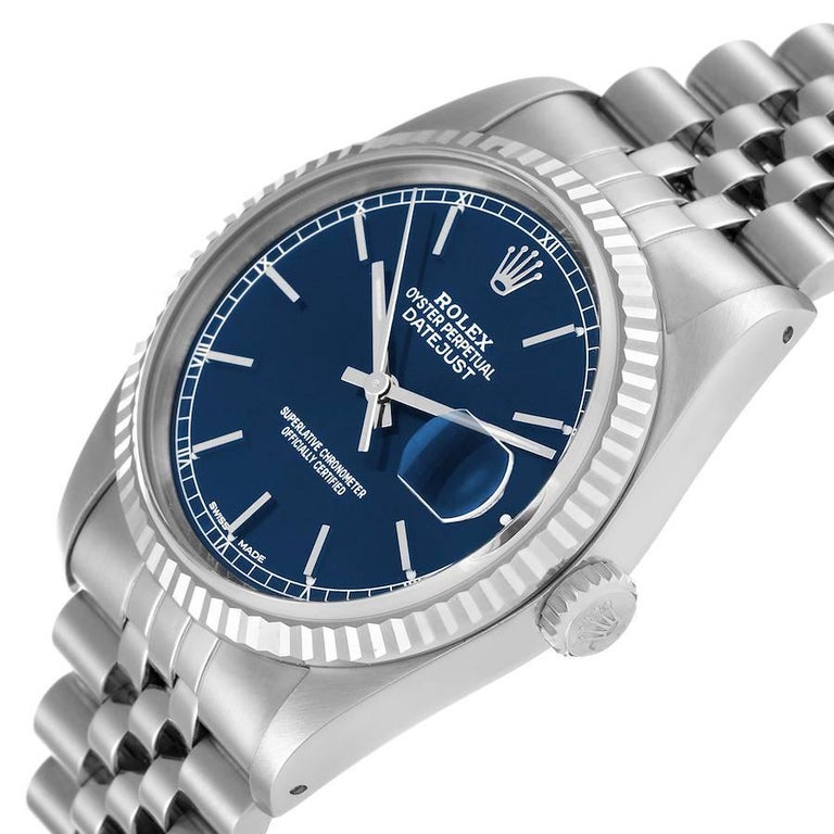 Rolex Datejust Blue Dial Steel White Gold Watch 16234 Box Service Card ...