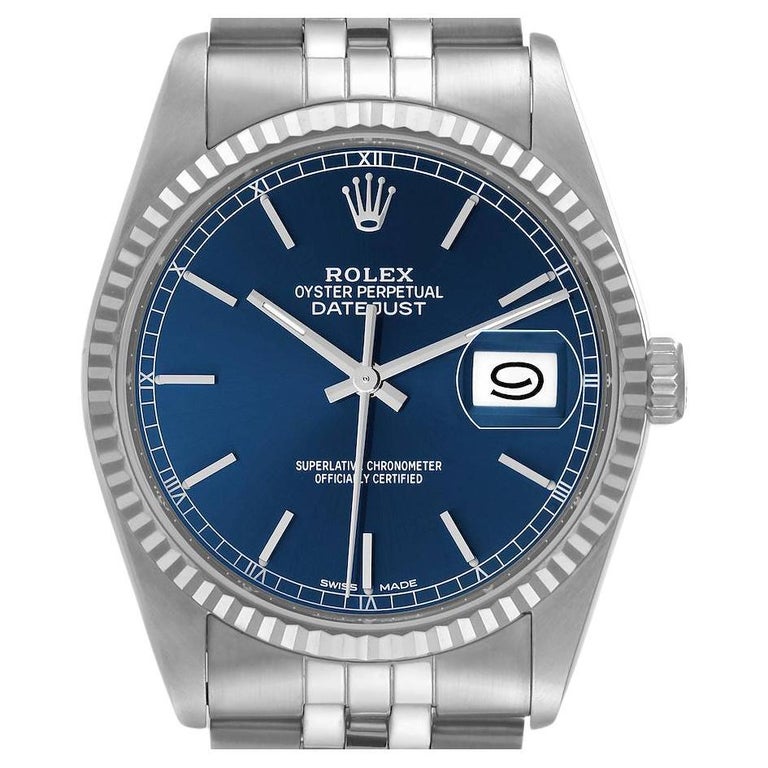 Rolex Datejust Blue Dial Steel White Gold Watch 16234 Box Service Card ...